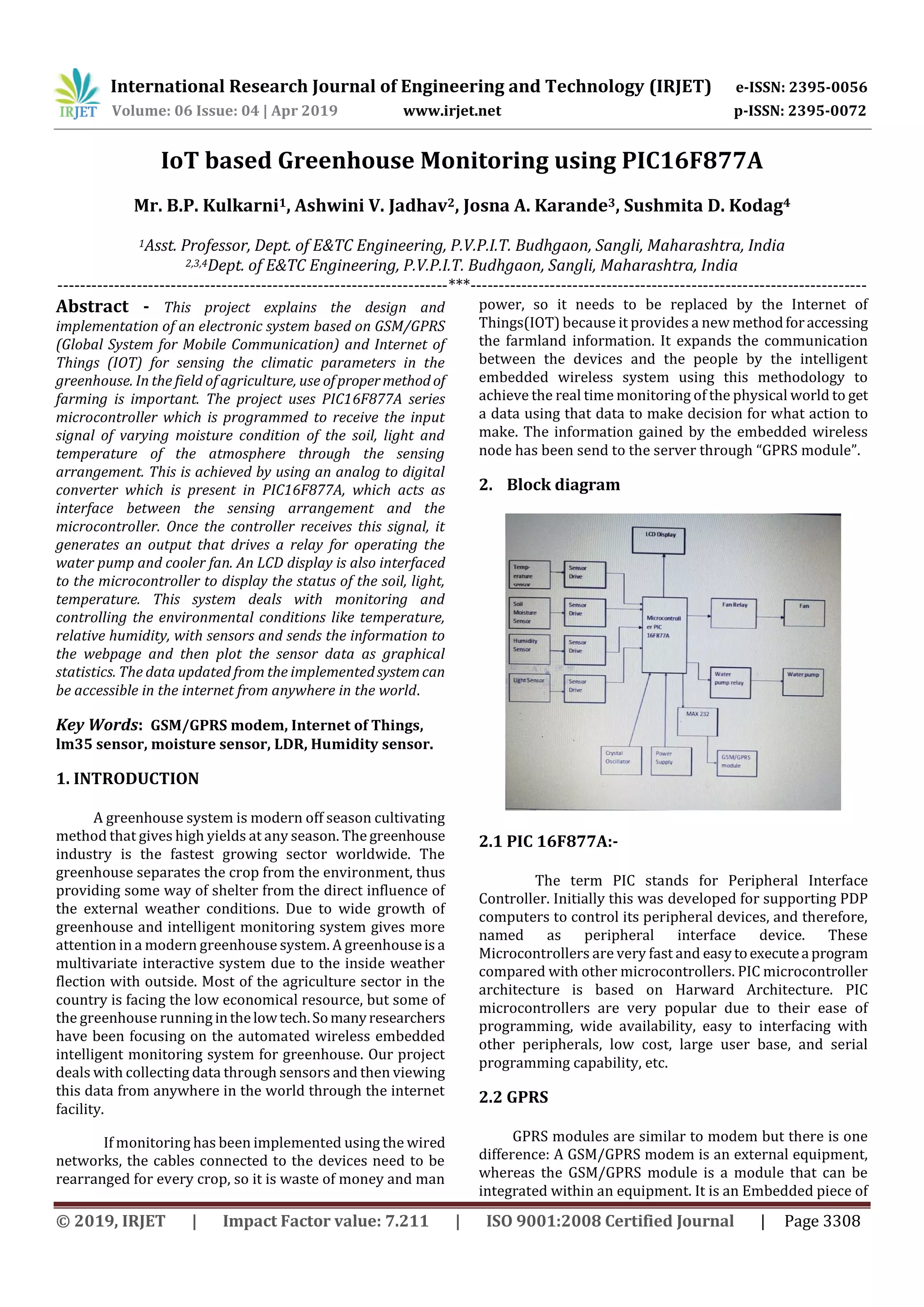 IRJET- IoT based Greenhouse Monitoring using PIC16F877A | PDF
