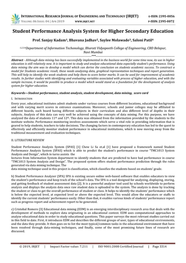 IRJET- Student Performance Analysis System for Higher Secondary Education | PDF | Educational ...