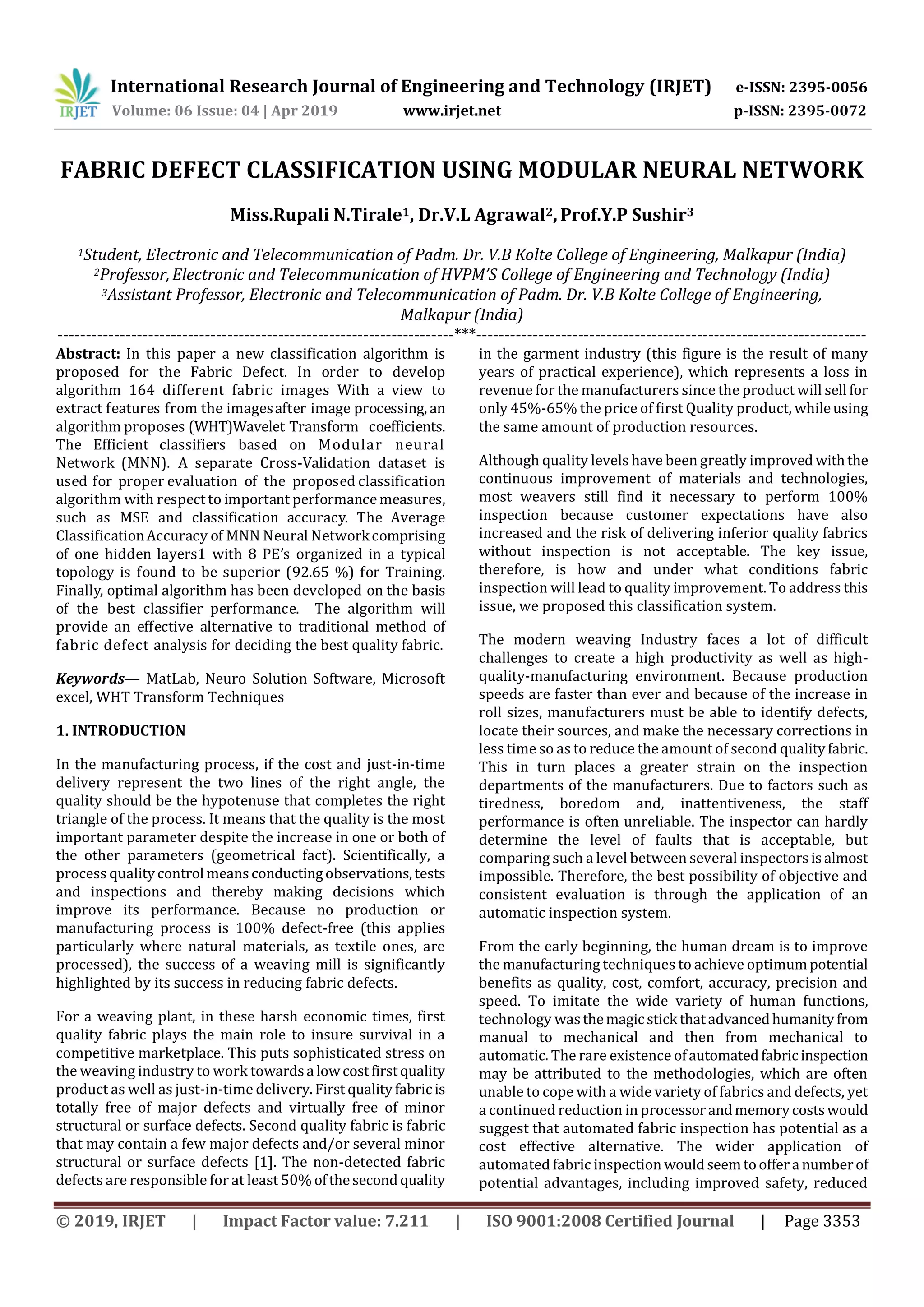 IRJET- Fabric Defect Classification using Modular Neural Network | PDF