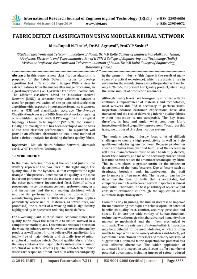 Irjet Fabric Defect Classification Using Modular Neural Network Pdf 9113