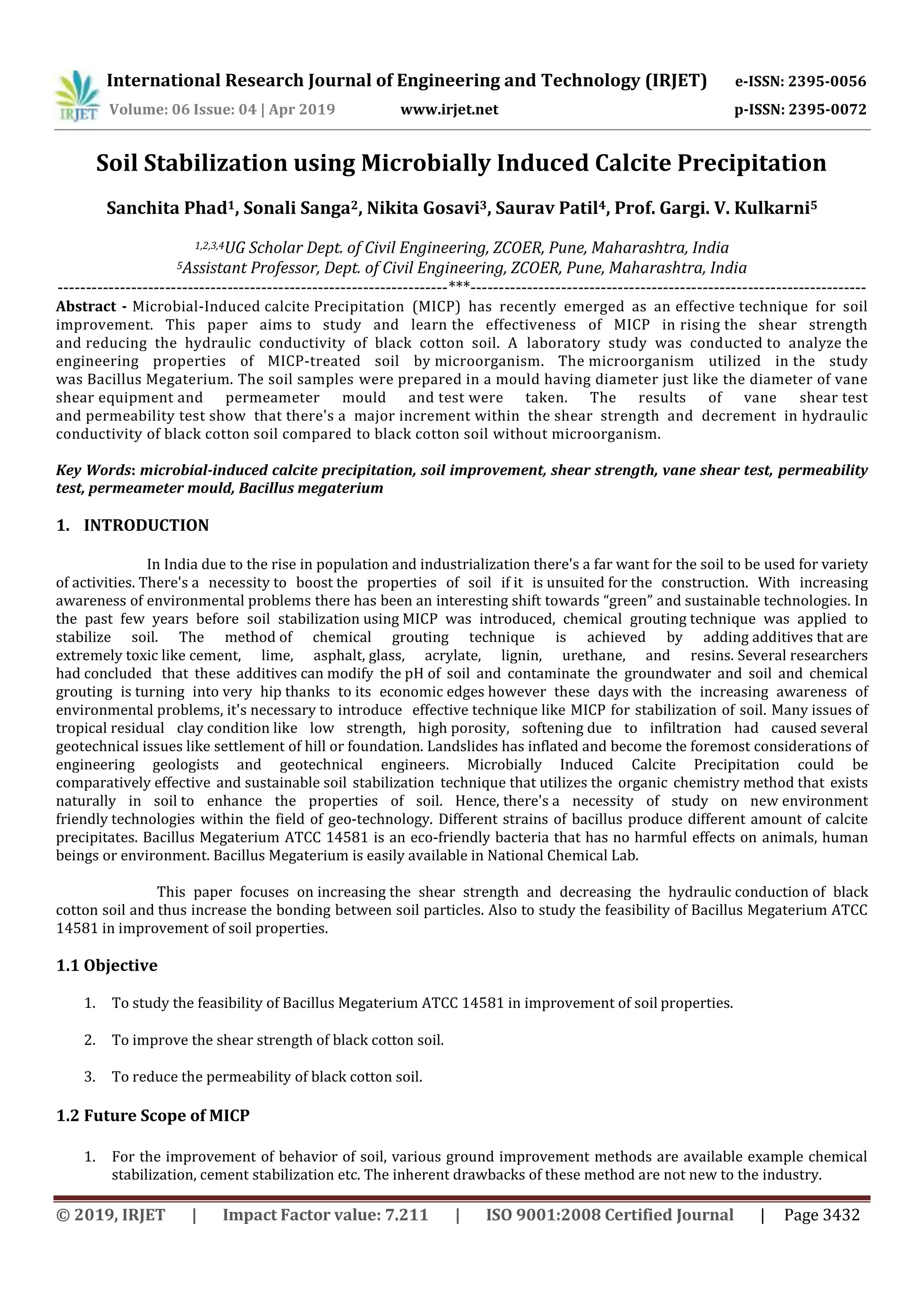 IRJET-Soil Stabilization using Microbially Induced Calcite ...