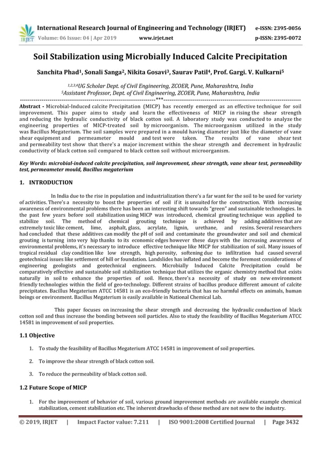 IRJET-Soil Stabilization using Microbially Induced Calcite Precipitation | PDF