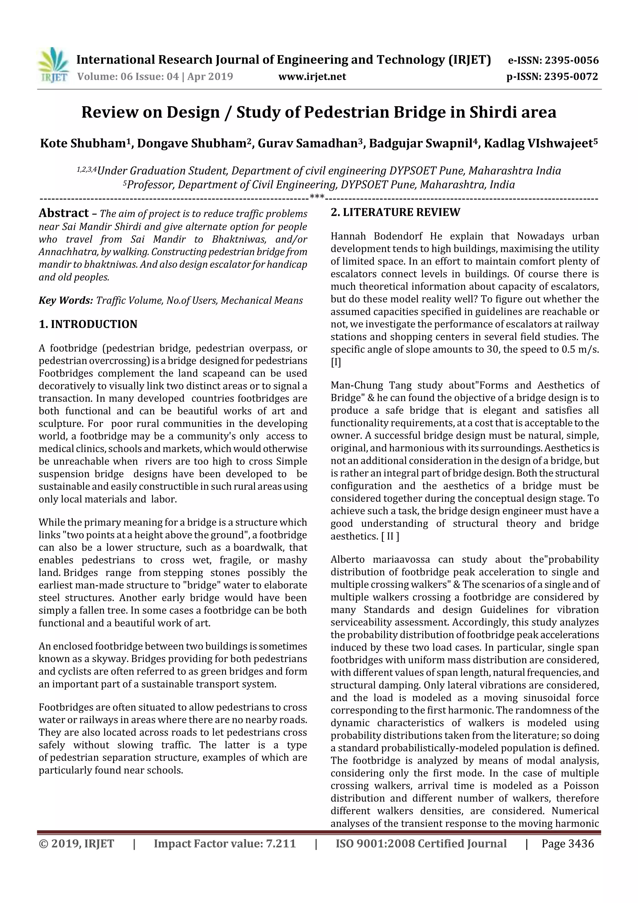 IRJET- Review on Design / Study of Pedestrian Bridge in Shirdi Area | PDF