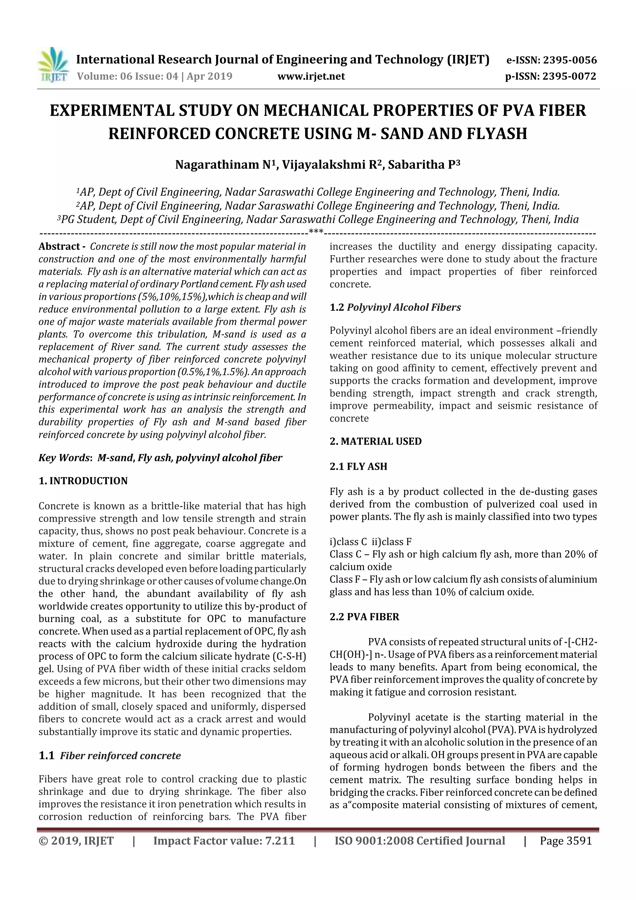 IRJET- Experimental Study on Mechanical Properties of Pva Fiber Reinforced Concrete using M ...