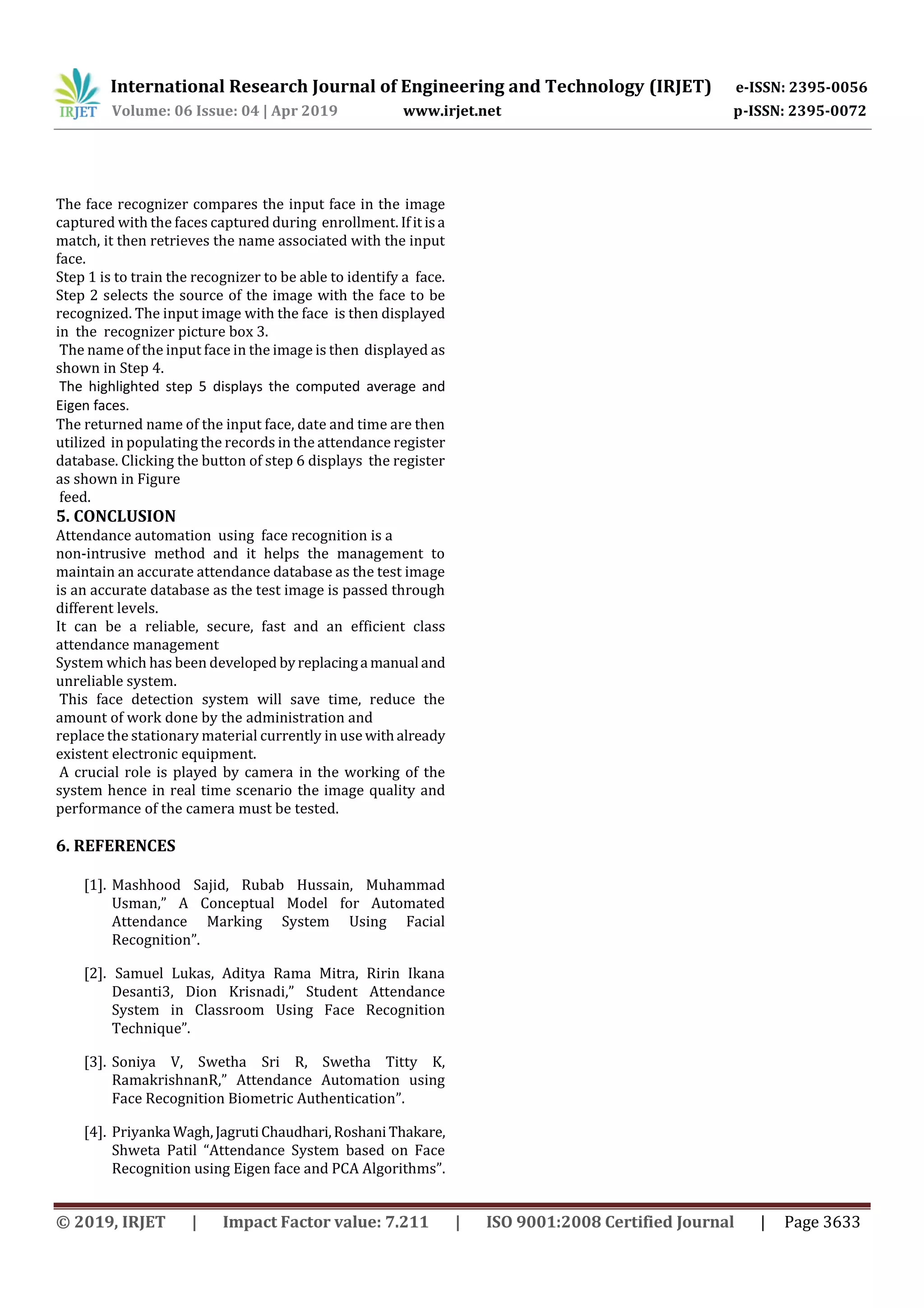 Irjet Implementation Of Attendance System Using Face Recognition Pdf
