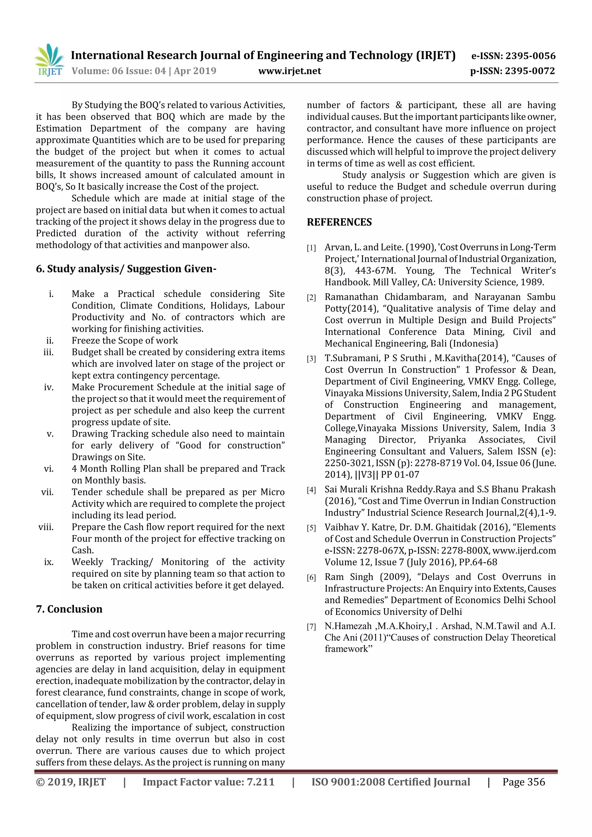 IRJET- Case Study on Budget and Schedule Overrun During the ...