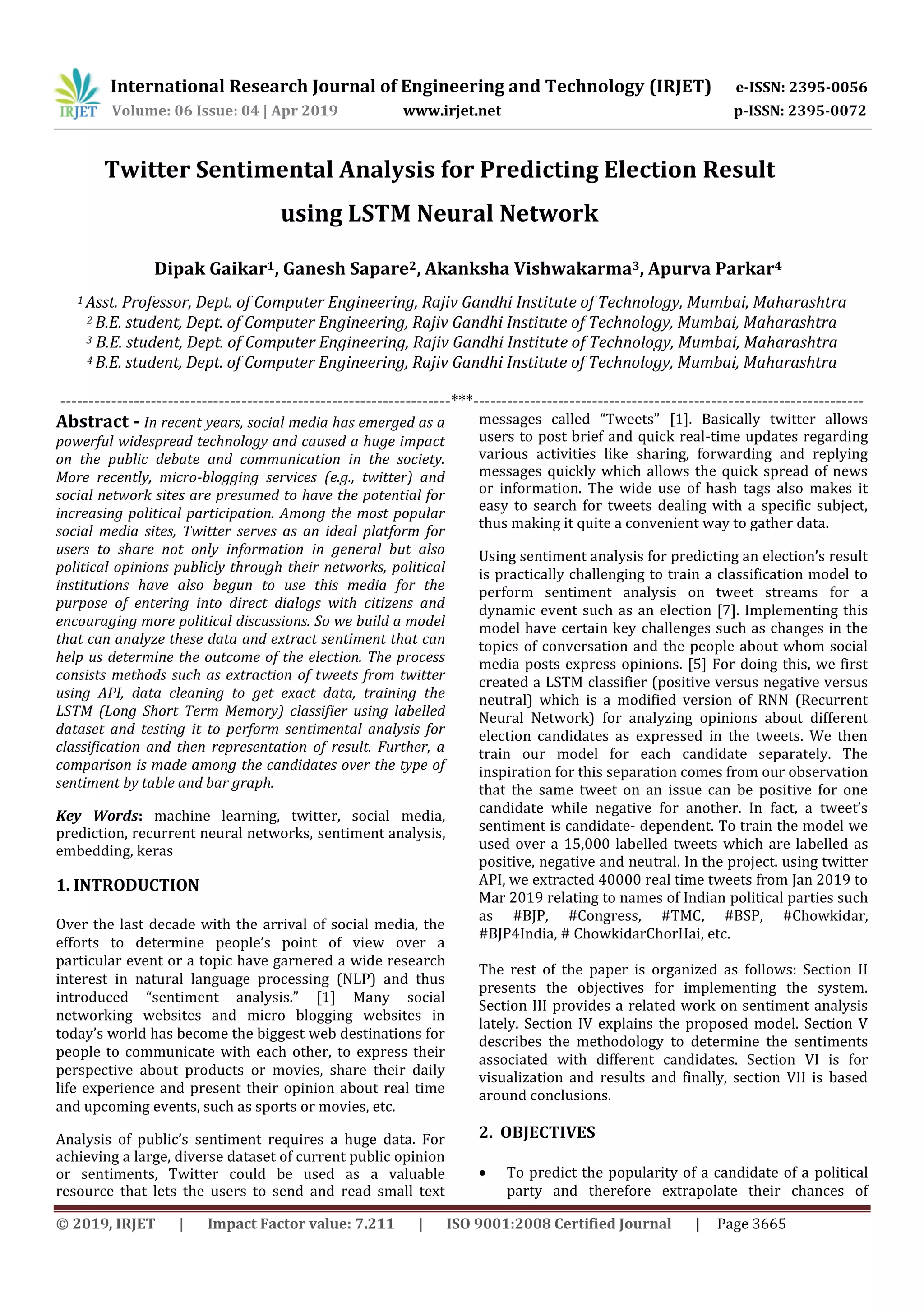 IRJET- Twitter Sentimental Analysis for Predicting Election Result using LSTM Neural Network | PDF
