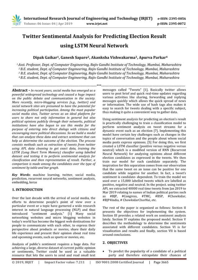 IRJET- Twitter Sentimental Analysis for Predicting Election Result using LSTM Neural Network | PDF
