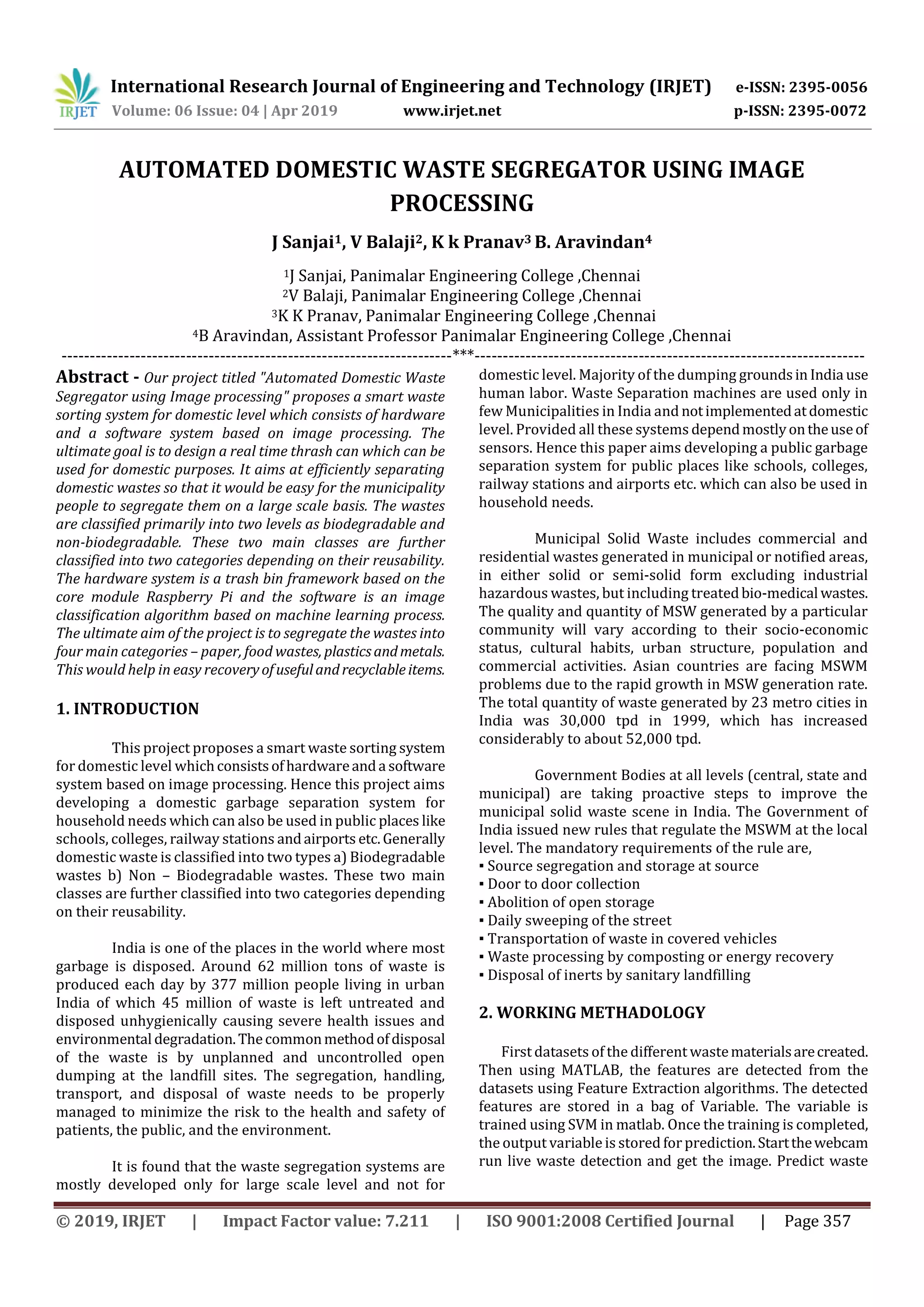 IRJET- Automated Domestic Waste Segregator using Image Processing | PDF