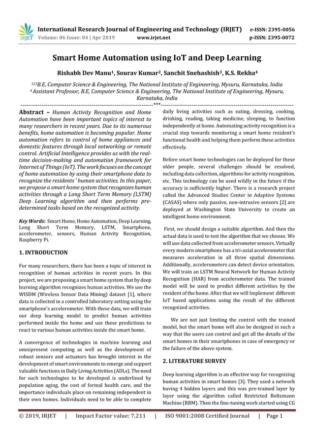IRJET- Smart Home Automation using IoT and Deep Learning | PDF