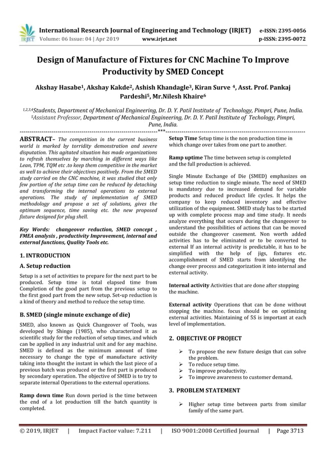 IRJET- Design of Manufacture of Fixtures for CNC Machine to Improve Productivity by SMED Concept ...