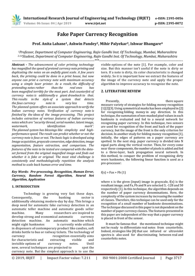 Irjet Fake Paper Currency Recognition Pdf