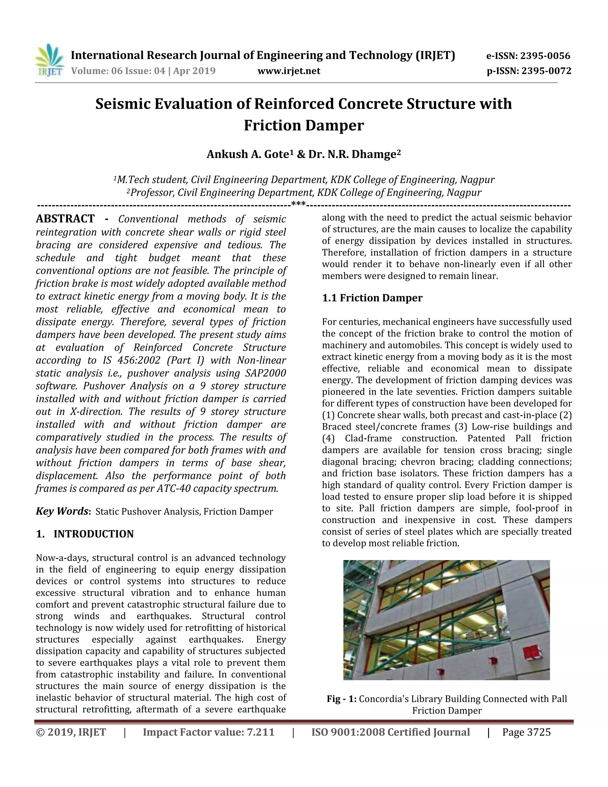 IRJET- Seismic Evaluation of Reinforced Concrete Structure with Friction Damper | PDF | Civil ...