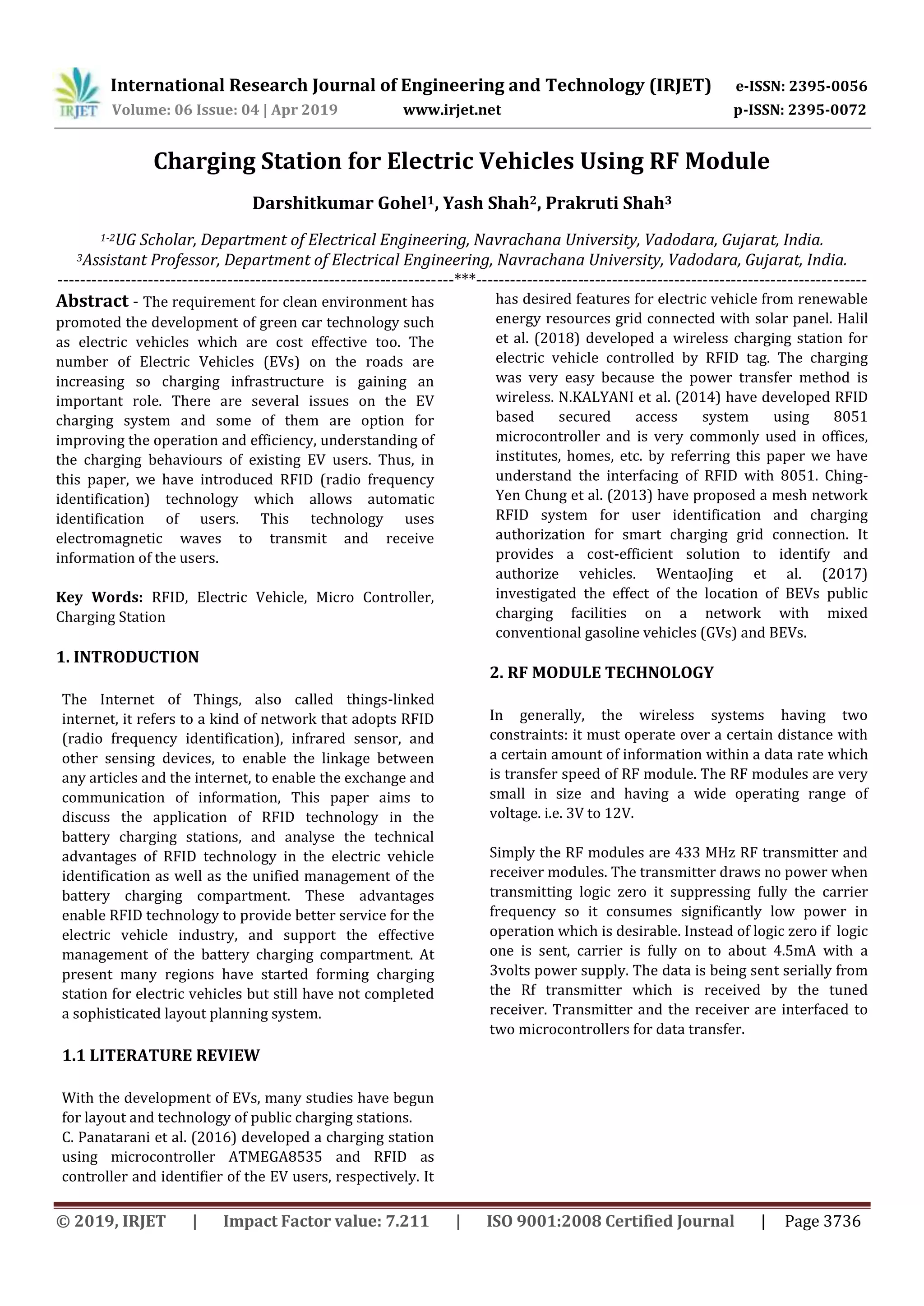 IRJET- Charging Station for Electric Vehicles using RF Module | PDF