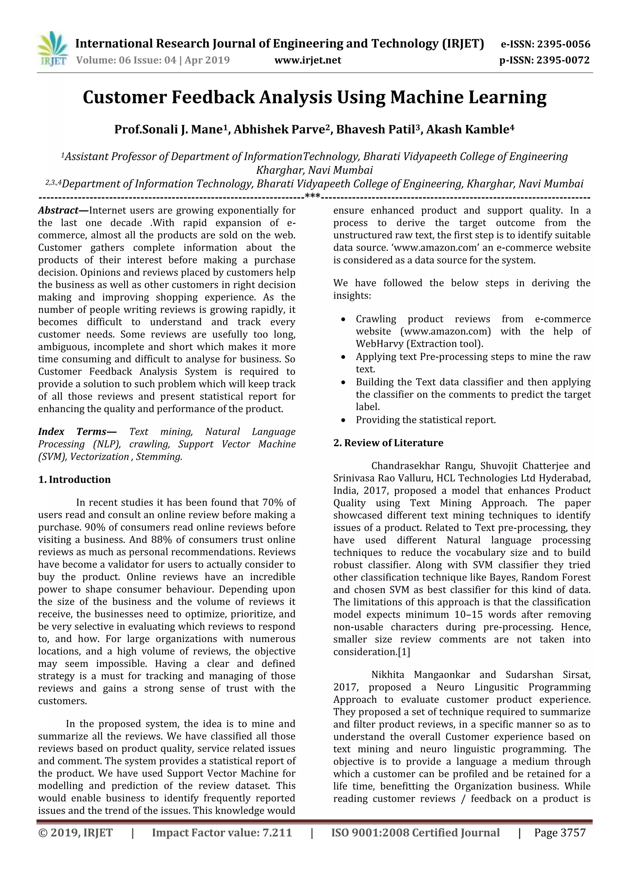 IRJET- Customer Feedback Analysis using Machine Learning | PDF