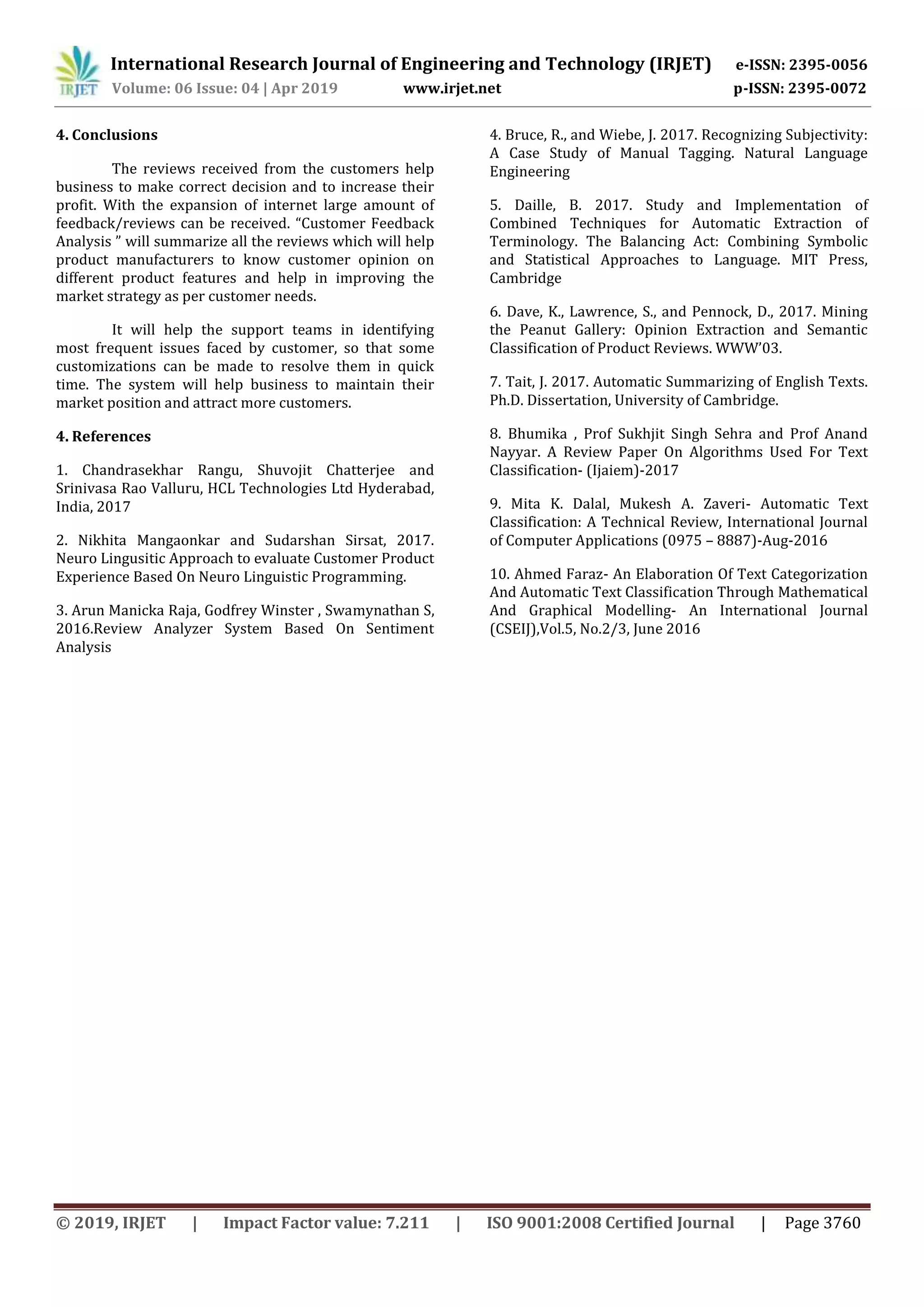 IRJET- Customer Feedback Analysis using Machine Learning | PDF