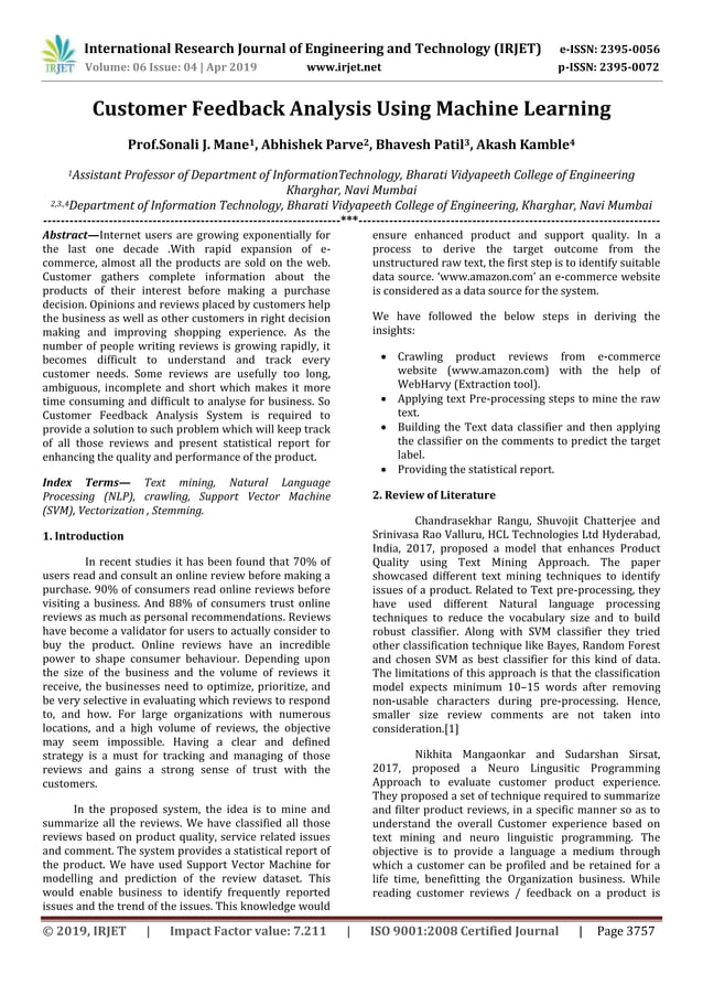 IRJET- Customer Feedback Analysis using Machine Learning | PDF