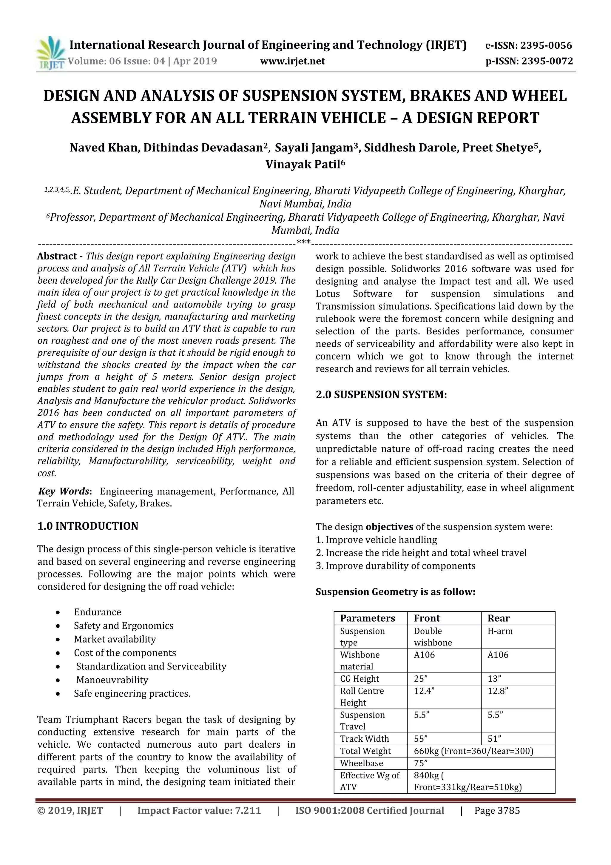 IRJET- Design and Analysis of Suspension System, Brakes and Wheel ...