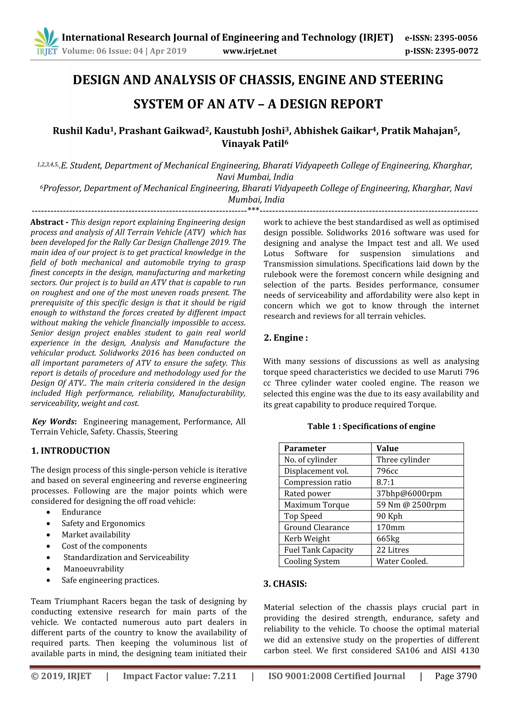 IRJET- Design and Analysis of Chassis, Engine and Steering System of an ...