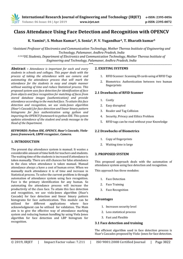 IRJET- Class Attendance using Face Detection and Recognition with OPENCV | PDF