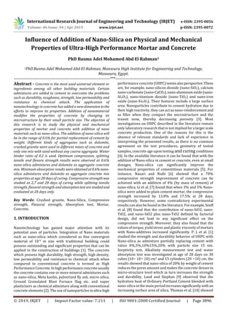 IRJET- Influence of Addition of Nano-Silica on Physical and Mechanical Properties of Ultra-High ...