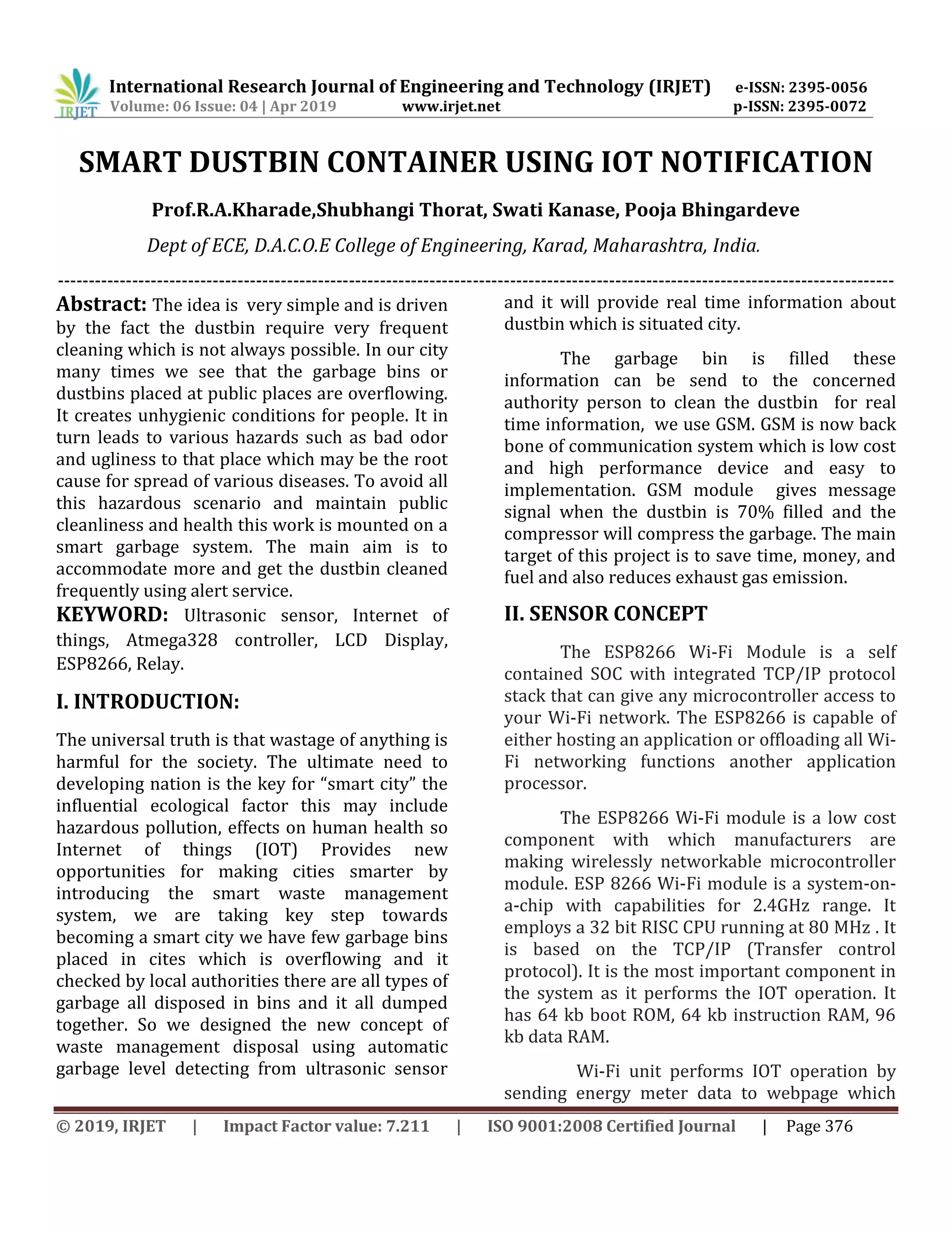 IRJET- Smart Dustbin Container using IoT Notification | PDF
