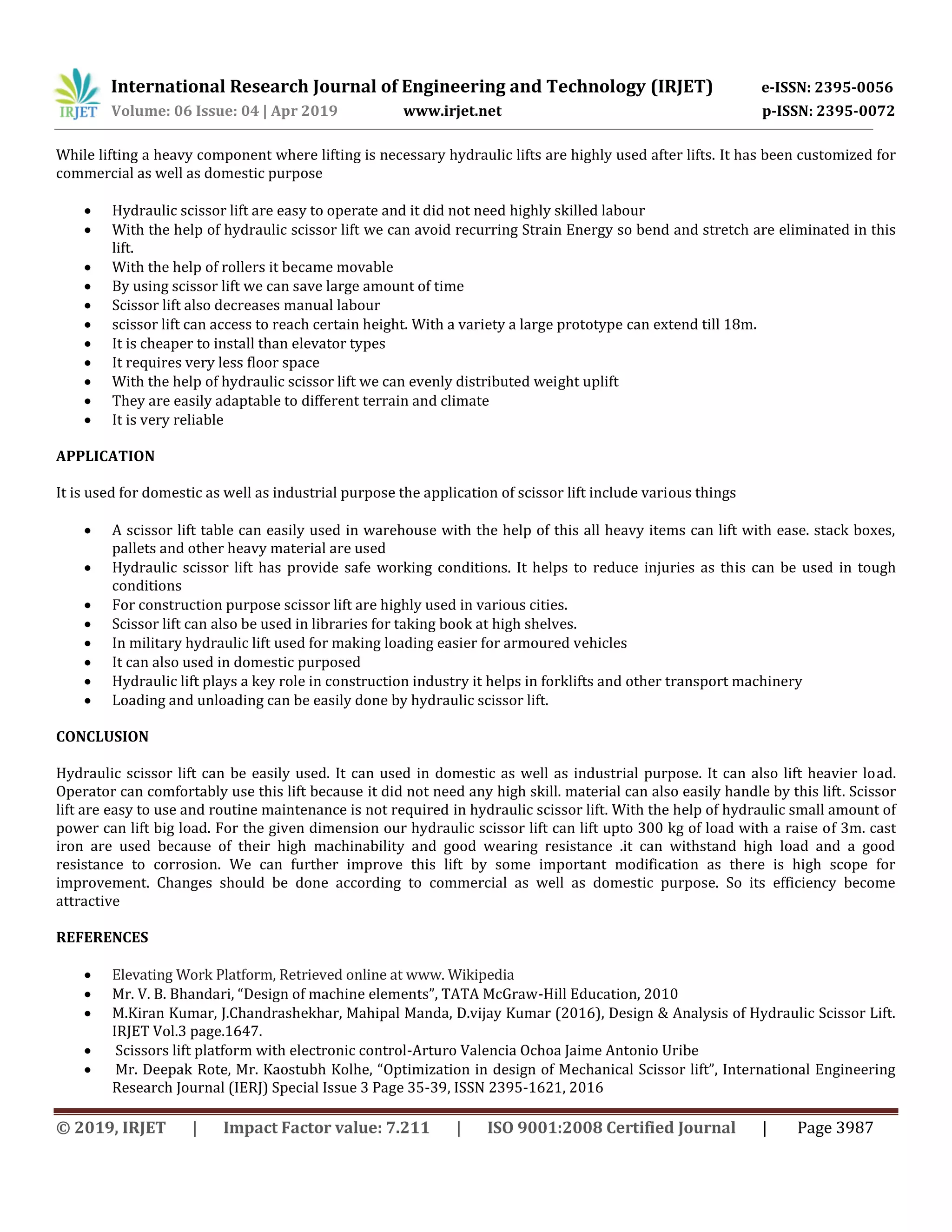 IRJET- Operating Mechanism and Design of Hydraulic Scissor Lift | PDF