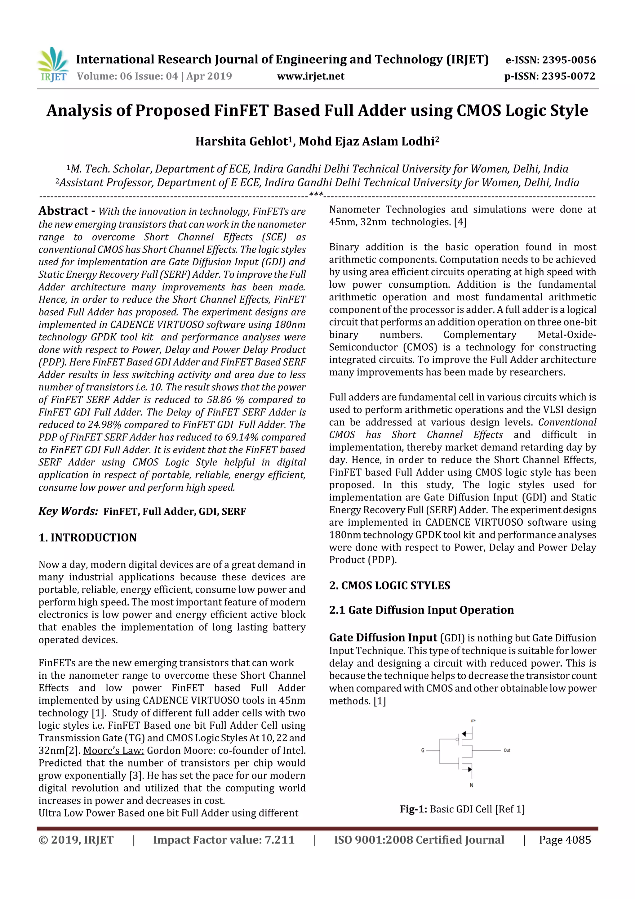 IRJET- Analysis of Proposed Finfet based Full Adder using CMOS Logic Style | PDF