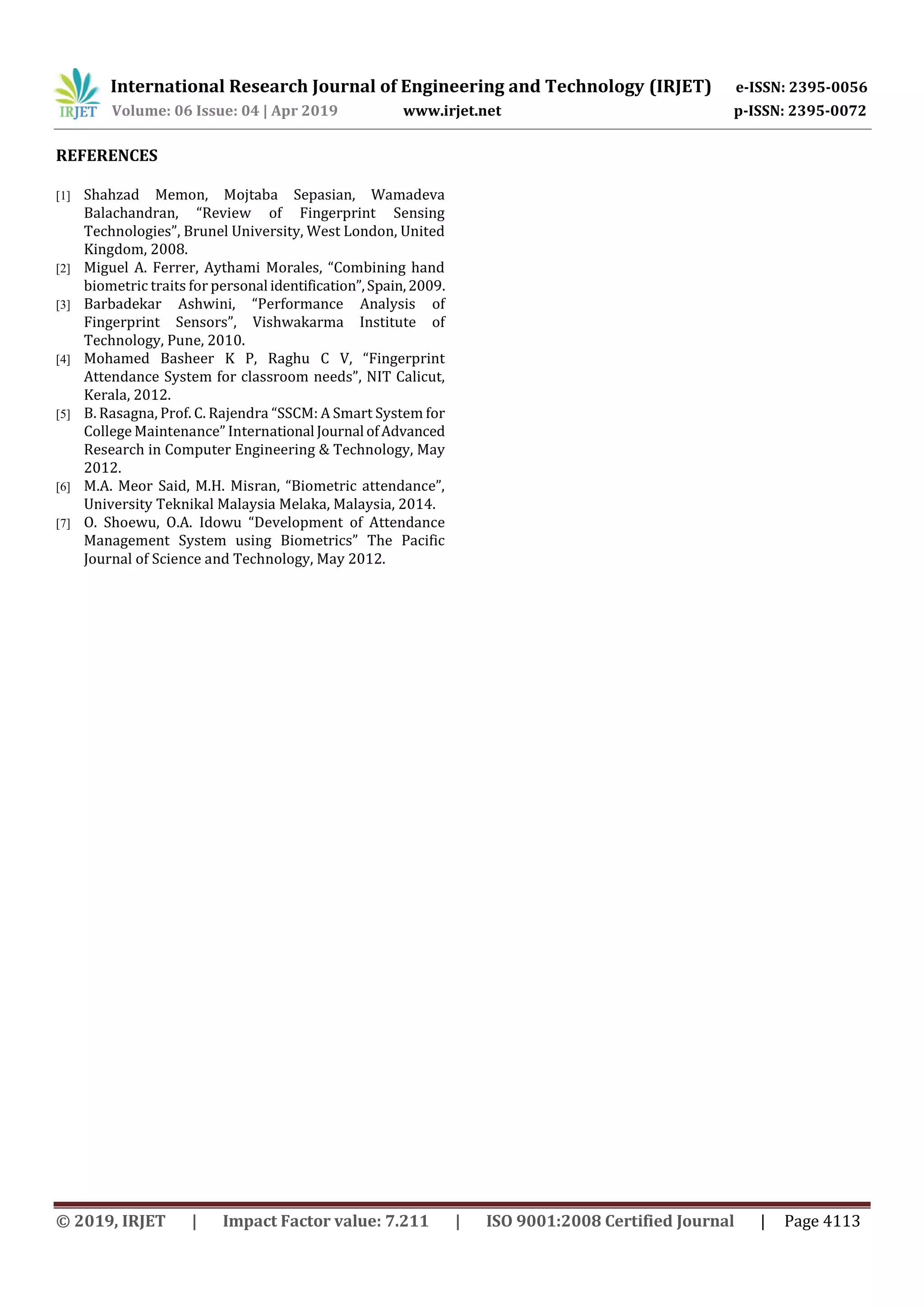 IRJET- Biometric Attendance System | PDF