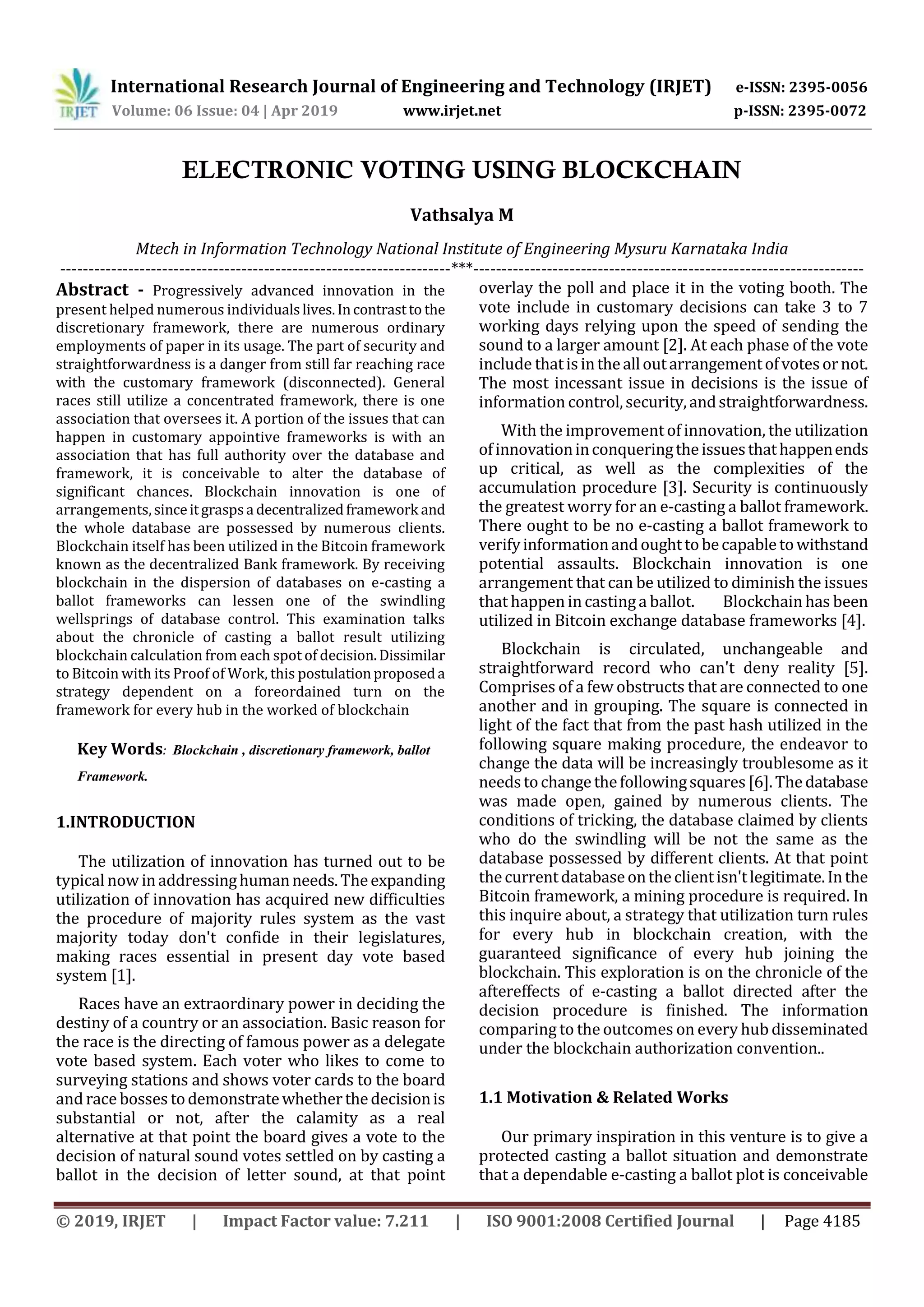 IRJET- Electronic Voting using Blockchain | PDF