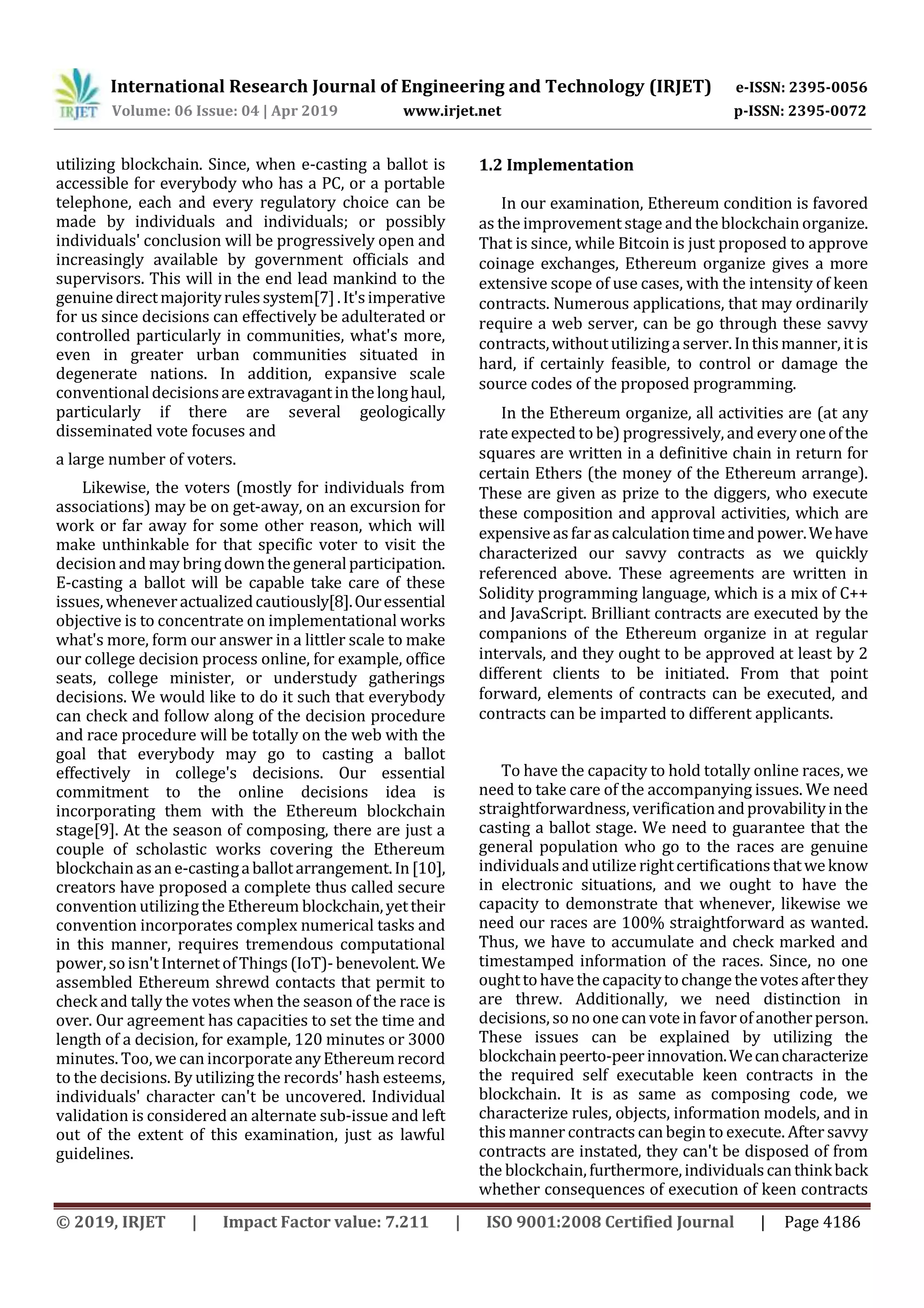 IRJET- Electronic Voting using Blockchain | PDF