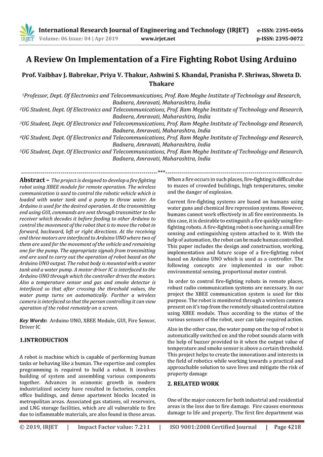 IRJET- A Review on Implementation of a Fire Fighting Robot using Arduino | PDF | Robotics ...