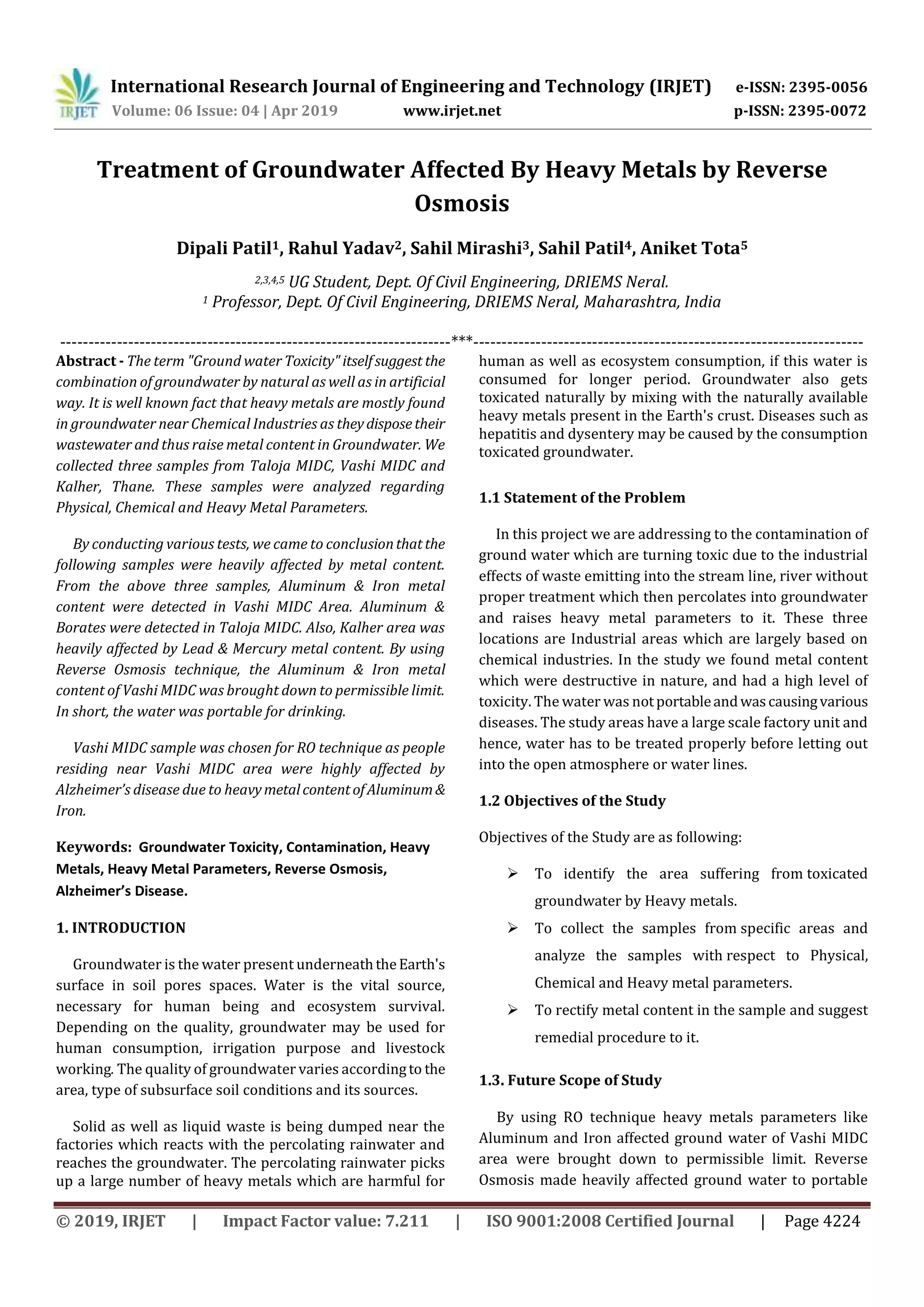 IRJET- Treatment of Ground Water Affected by Heavy Metals by Reverse ...
