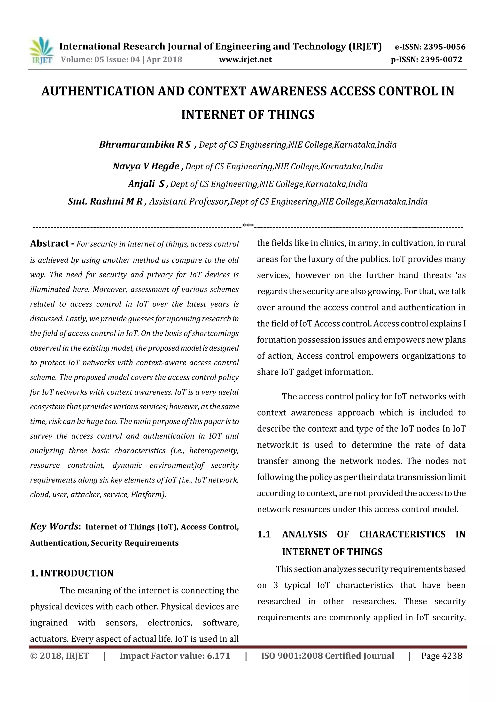 IRJET- Authentication and Context Awareness Access Control in Internet ...
