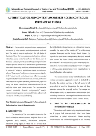 IRJET- Authentication and Context Awareness Access Control in Internet of Things | PDF