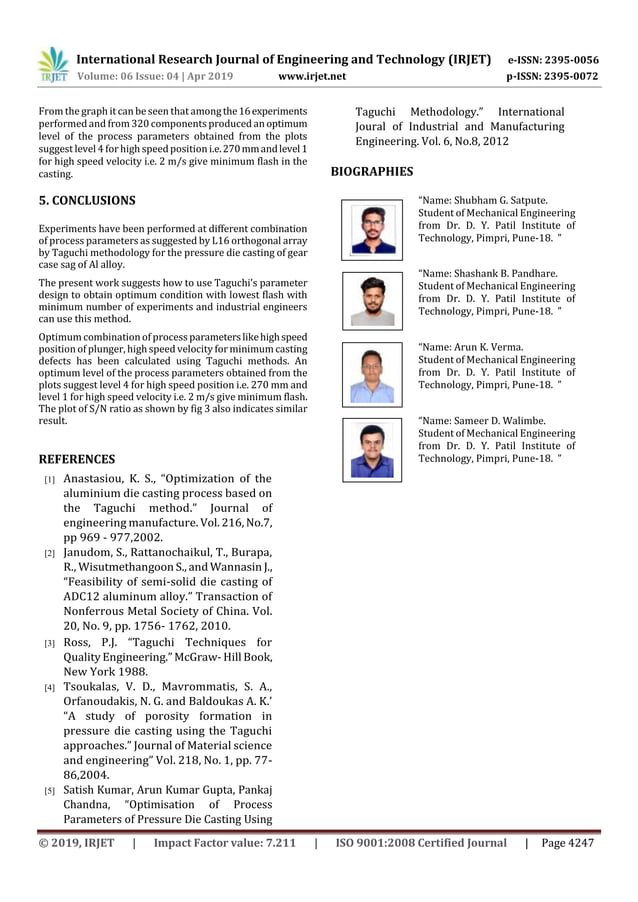 IRJET- Flash Reduction in Pressure Die Casting using Taguchi’s Doe | PDF