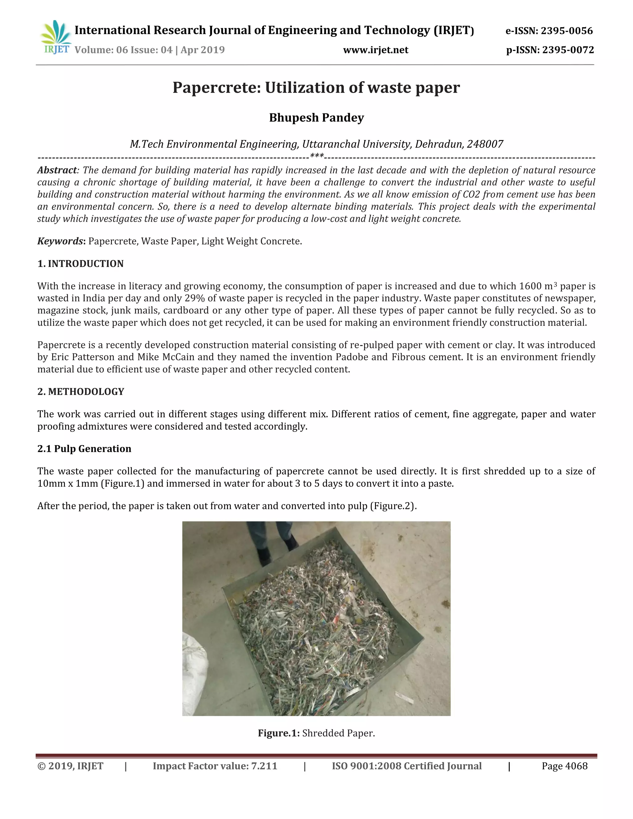 IRJET- Papercrete: Utilization of Waste Paper | PDF