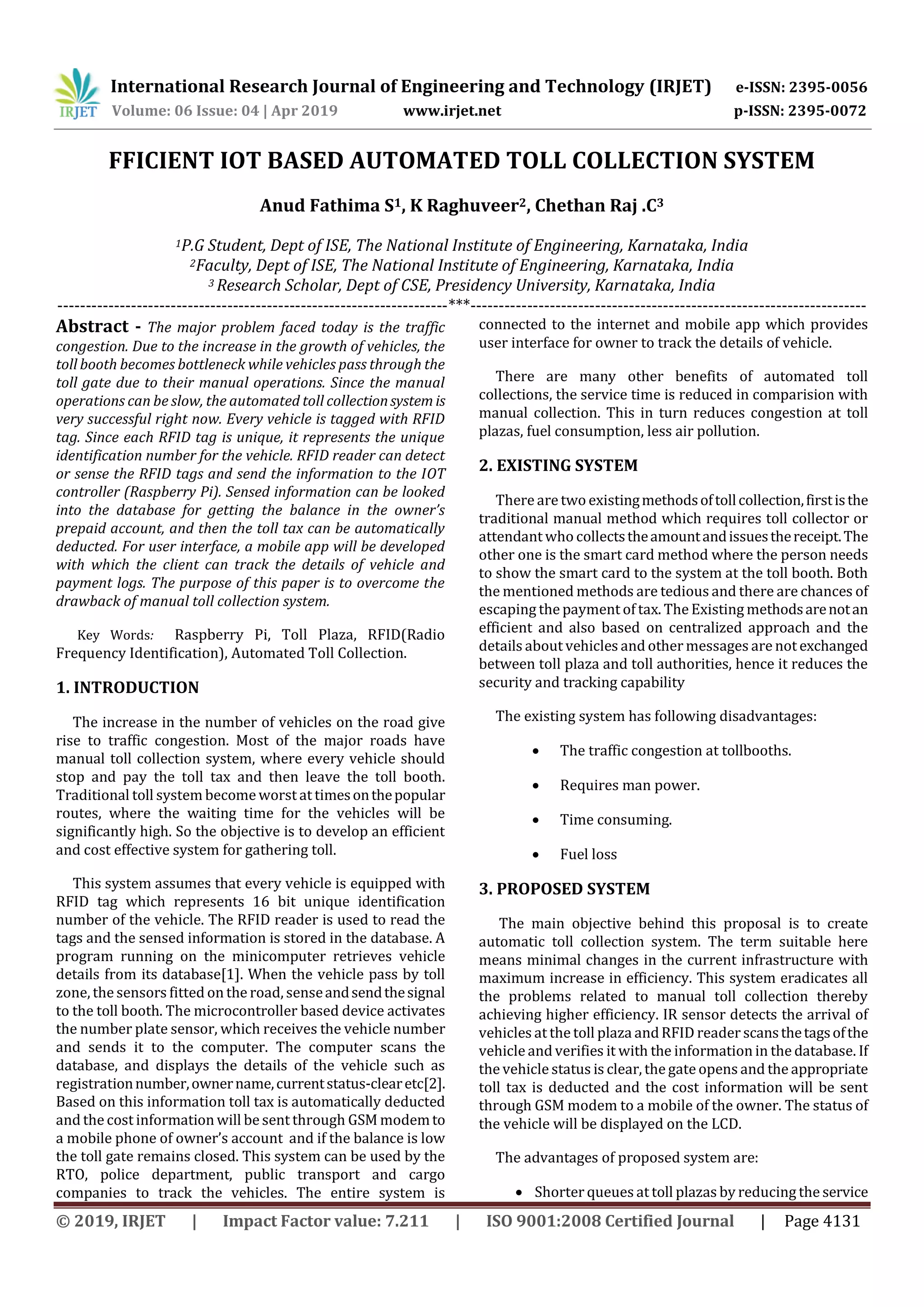IRJET- Efficient IoT based Automated Toll Collection System | PDF