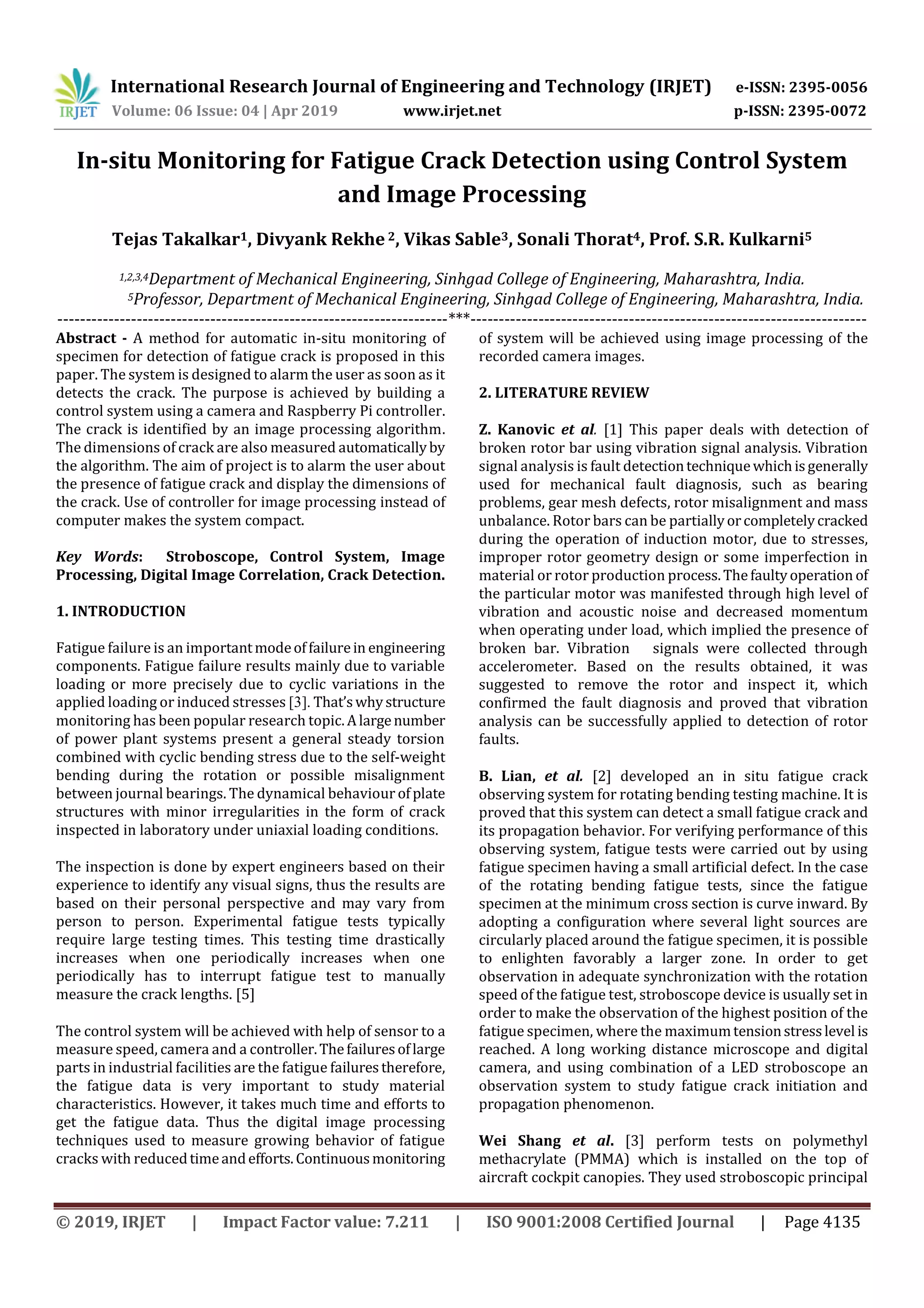 Irjet In Situ Monitoring For Fatigue Crack Detection Using Control System And Image Processing