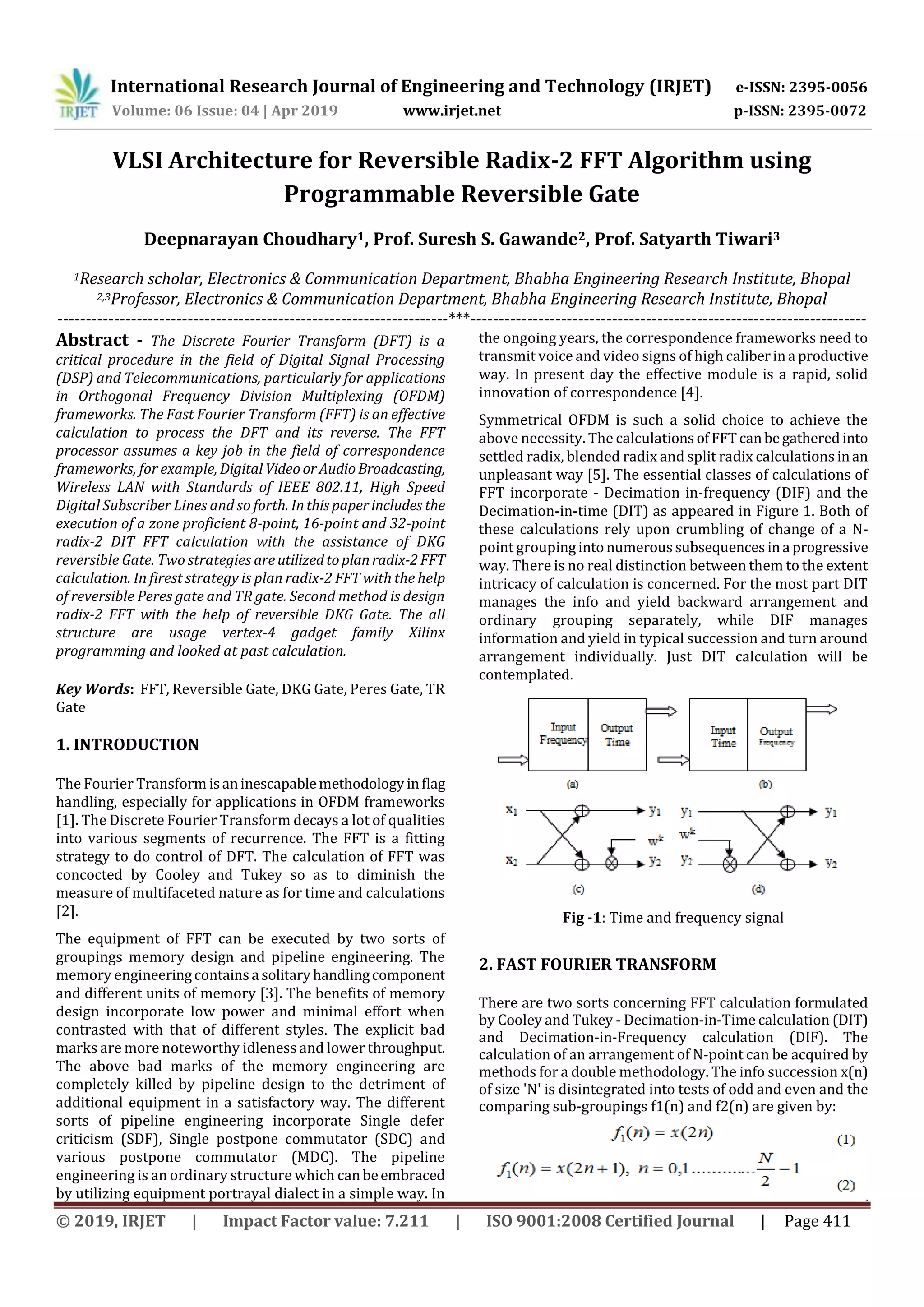 Irjet Vlsi Architecture For Reversible Radix 2 Fft Algorithm Using Programmable Reversible Gate