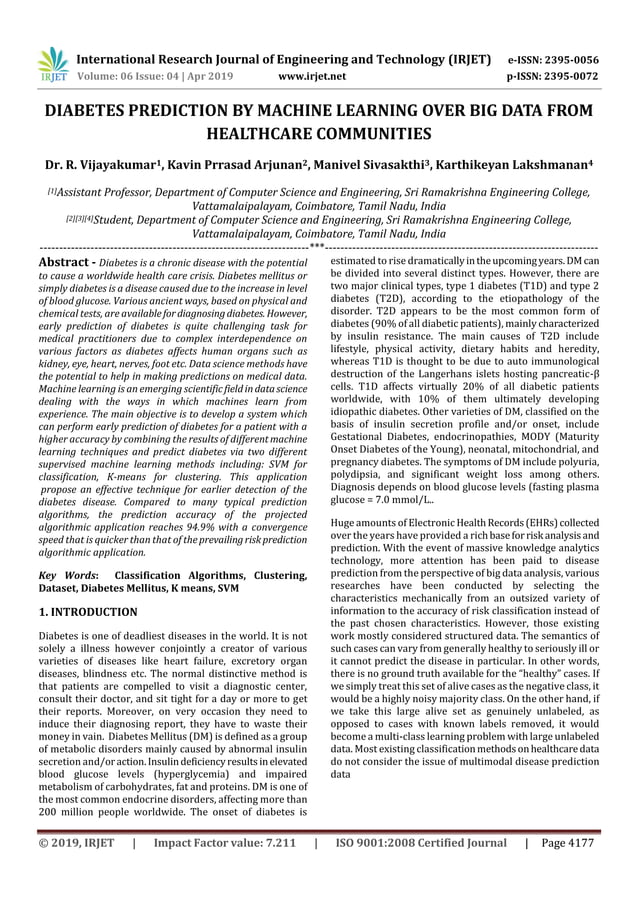 IRJET- Diabetes Prediction by Machine Learning over Big Data from ...