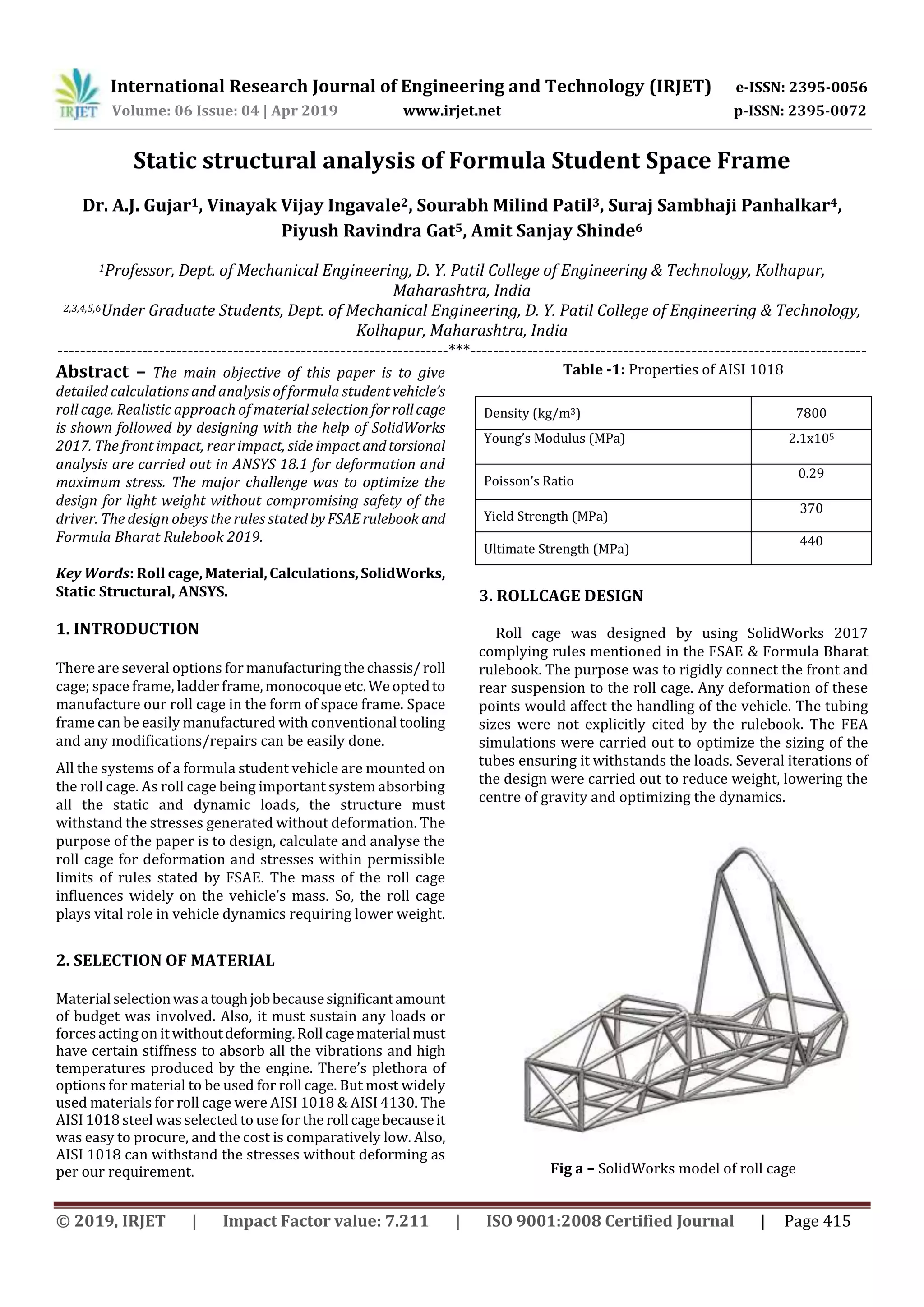 IRJET- Static Structural Analysis of Formula Student Space Frame | PDF