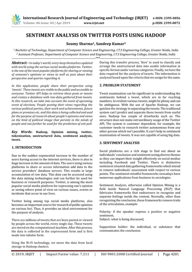 IRJET- Sentiment Analysis on Twitter Posts using Hadoop | PDF