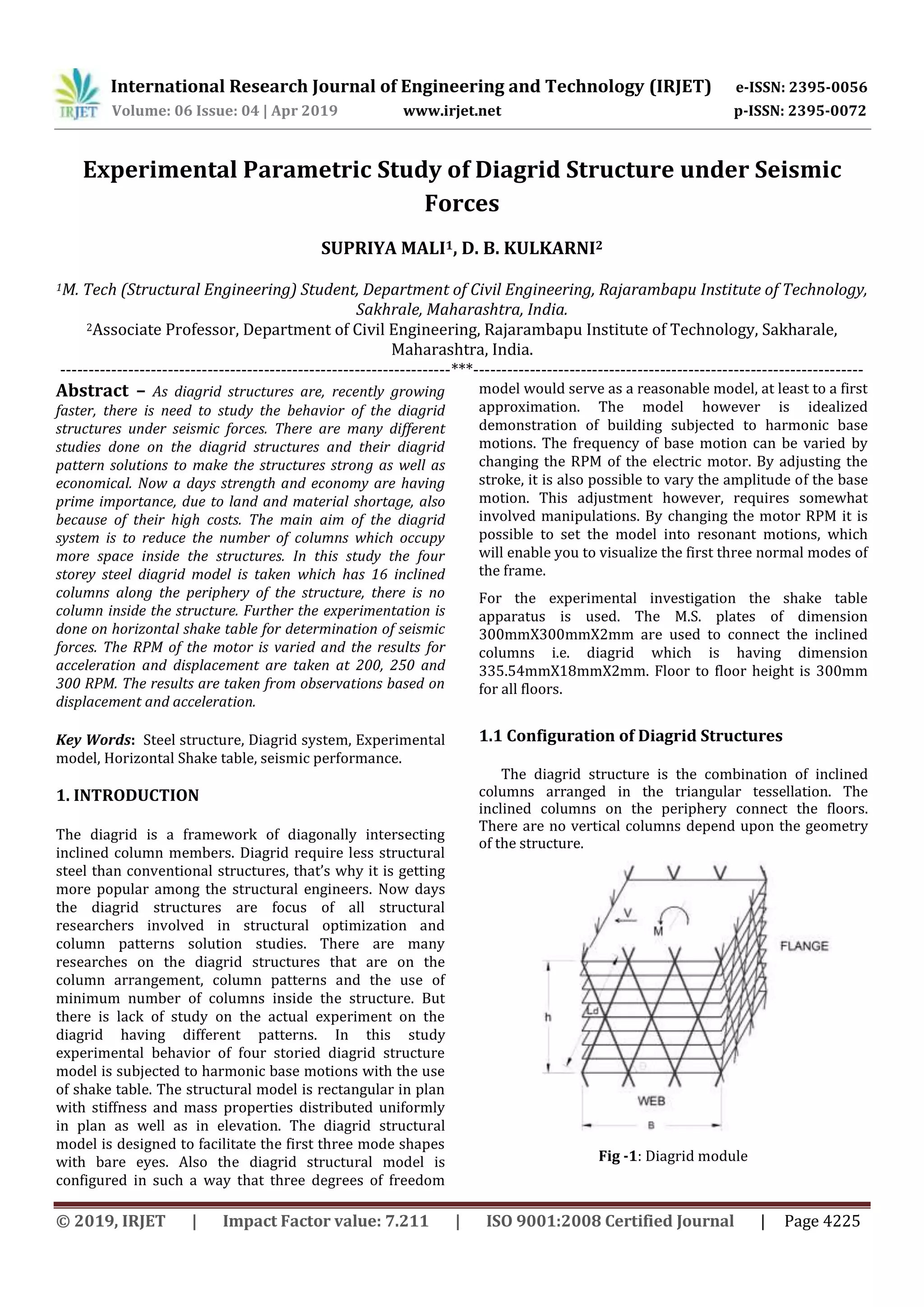 IRJET- Experimental Parametric Study of Diagrid Structure under Seismic Forces | PDF
