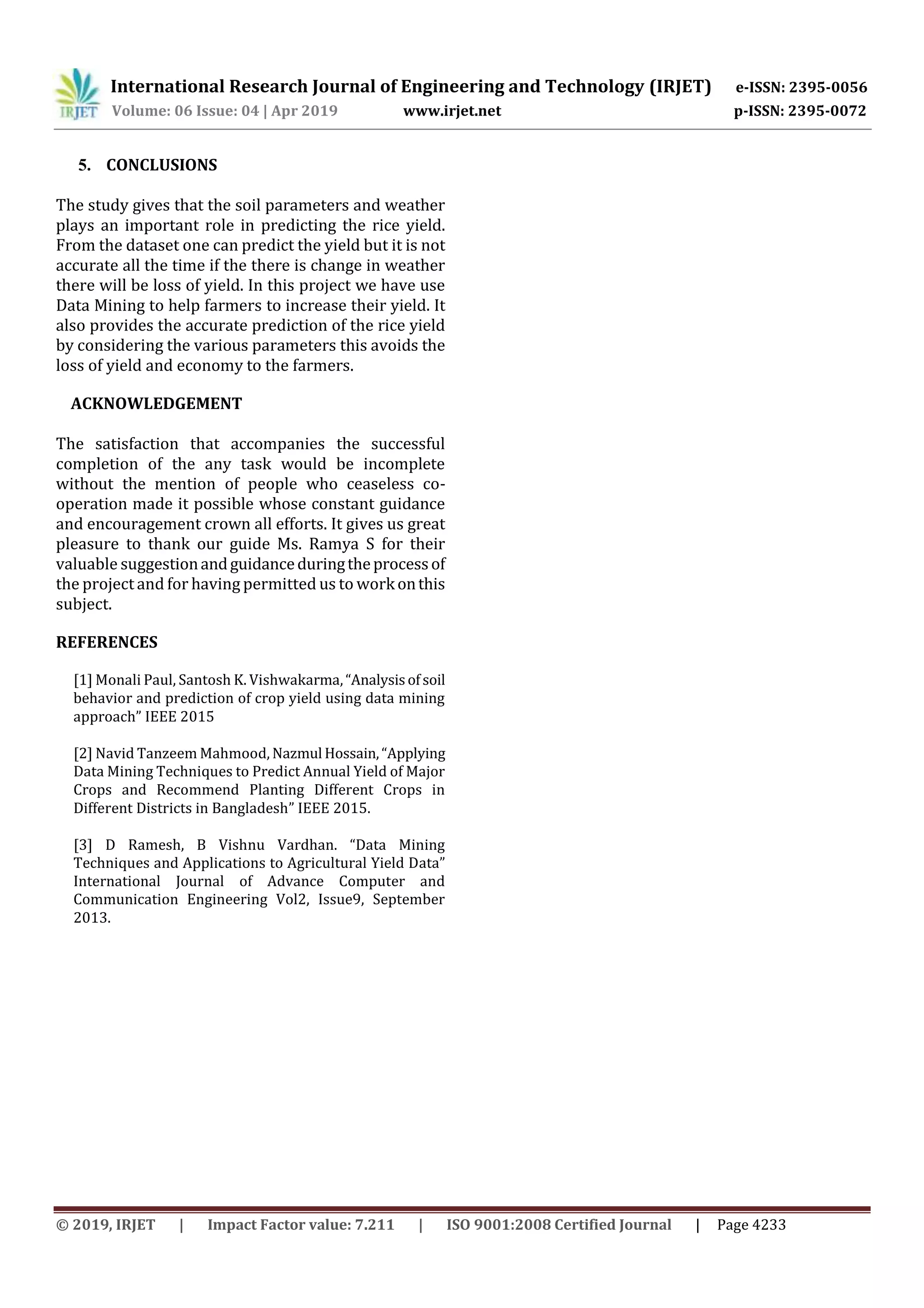 IRJET- Rice Yield Prediction using Data Mining Technique | PDF