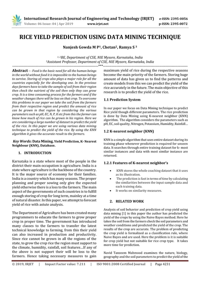 IRJET- Rice Yield Prediction using Data Mining Technique | PDF