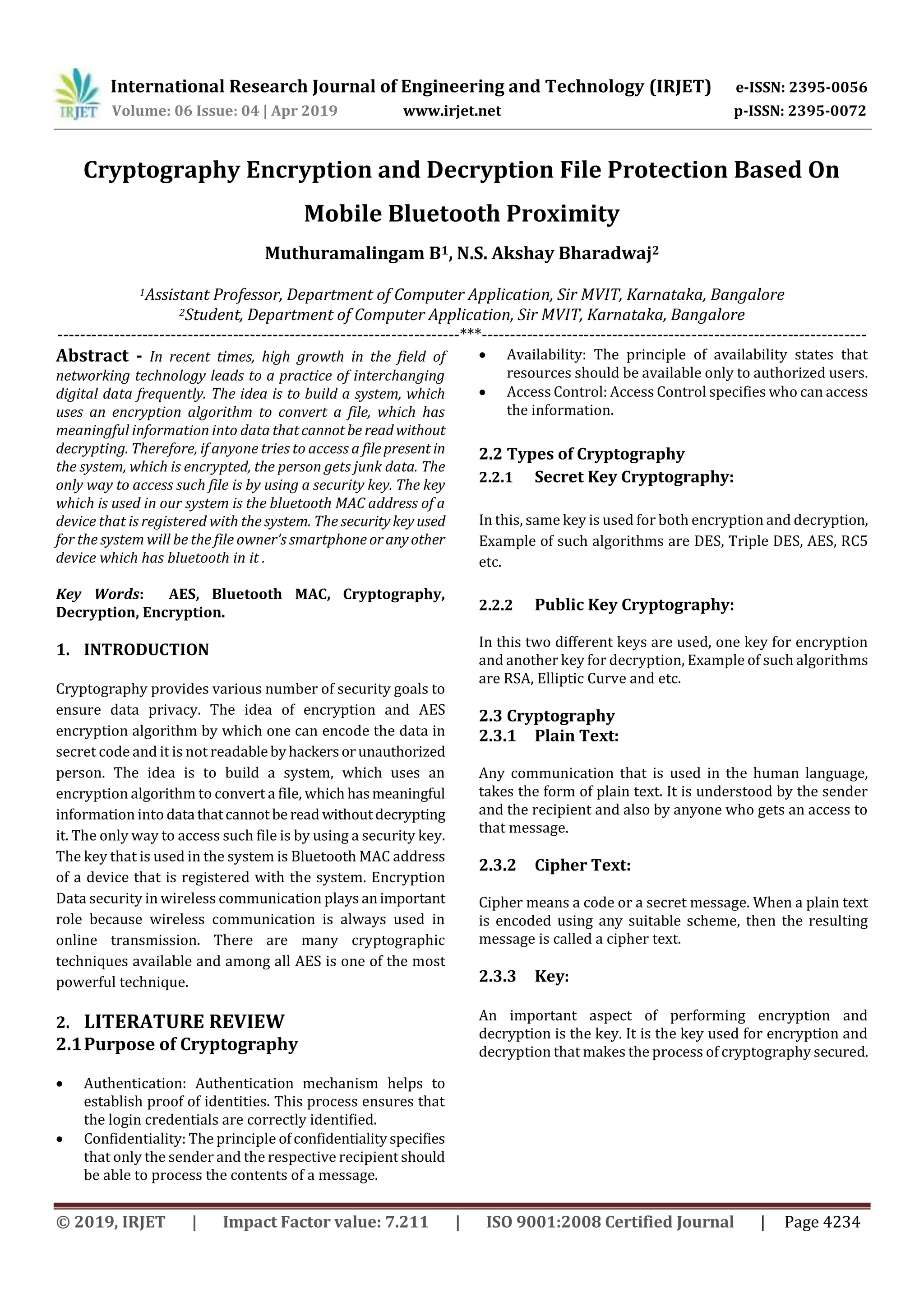 Irjet Cryptography Encryption And Decryption File Protection Based On Mobile Bluetooth