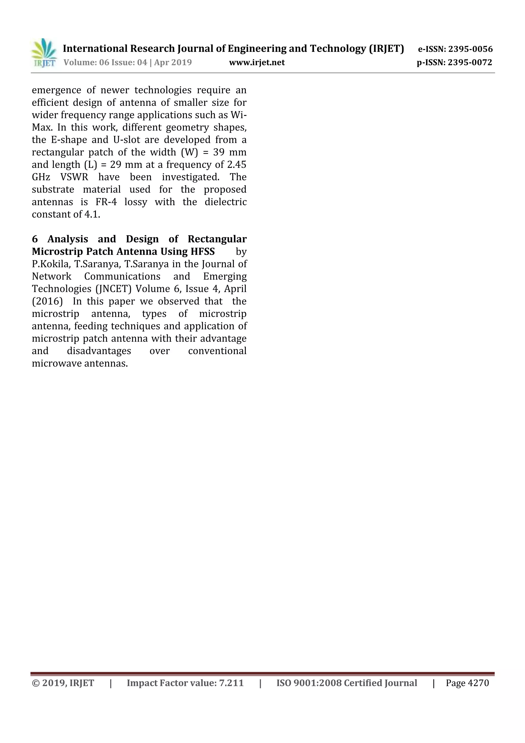 IRJET- Performance Analysis of Microstrip Patch Antenna with Different Shapes and Materials in C ...