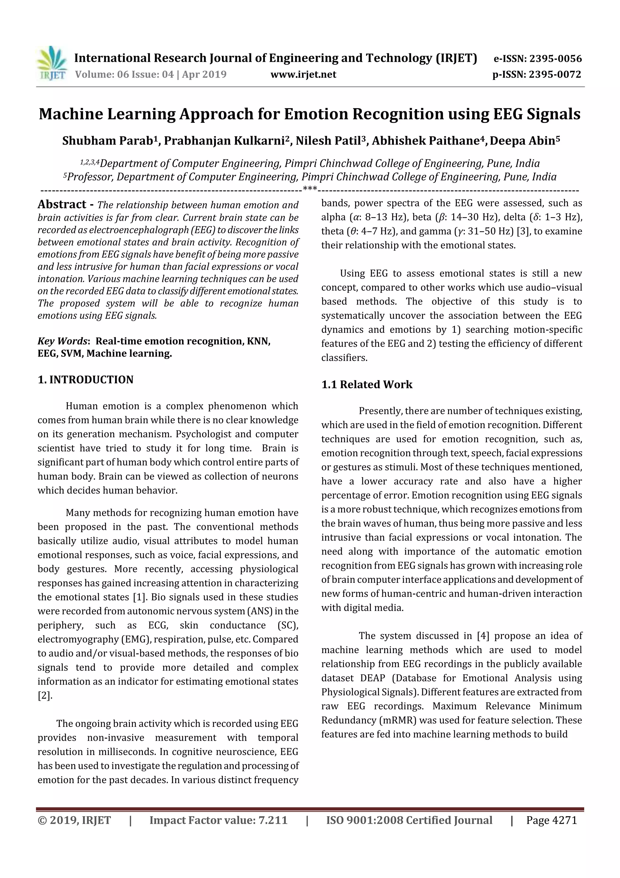 IRJET- Machine Learning Approach for Emotion Recognition using EEG Signals | PDF | Brain and ...