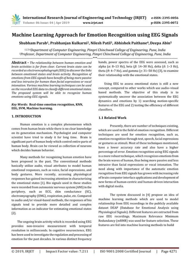 IRJET- Machine Learning Approach for Emotion Recognition using EEG Signals | PDF | Brain and ...